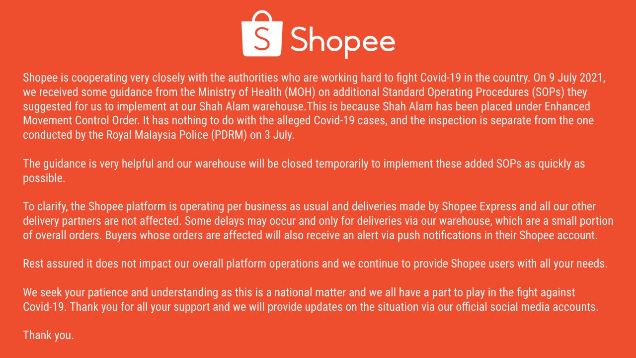 Shopee umum penutupan sementara Gudang di Shah Alam