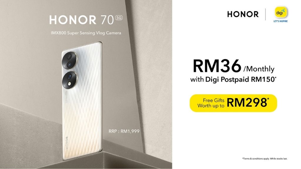Dapatkan HONOR 70 pada harga RM36 sebulan dengan Digi Postpaid RM150